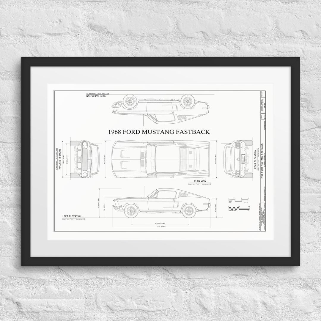 Mustang Blueprint, Mustang Dimensions Drawing, Classic Muscle Car Art ...