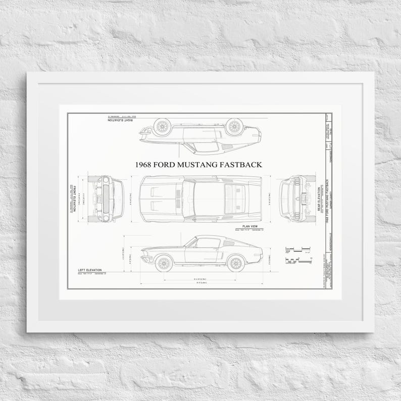Mustang Blueprint, Mustang Dimensions Drawing, Classic Muscle Car Art ...