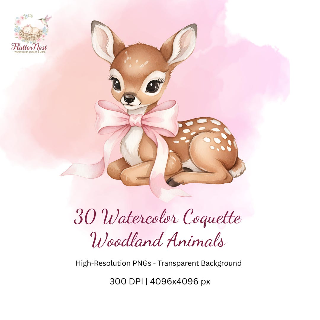 Watercolor Woodland Animals Clipart, Pink Bows, Nursery Art (PNG ...