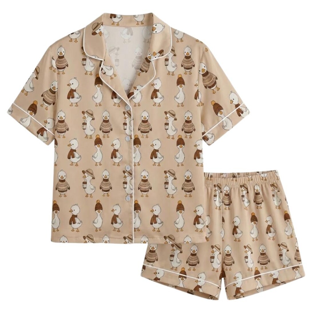 Cute Goose Satin Pajamas Set, Autumn Foodie Feast Loungewear, Luxury ...
