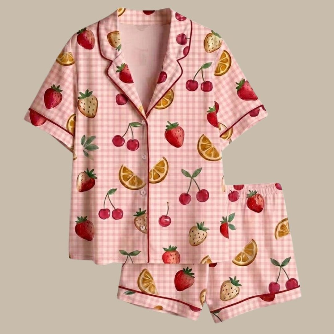 Strawberry Silk Pajamas, Gingham Fruit Satin Sleepwear, Pocket Free ...