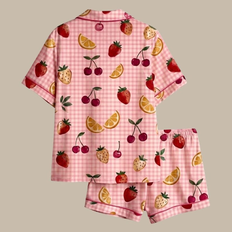 Strawberry Silk Pajamas, Gingham Fruit Satin Sleepwear, Pocket Free ...