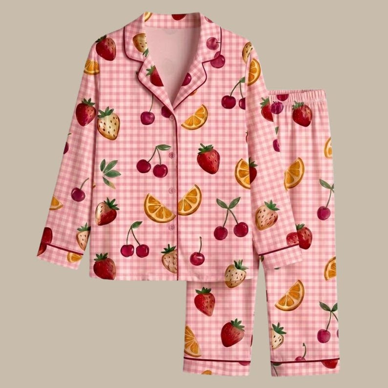 Strawberry Silk Pajamas, Gingham Fruit Satin Sleepwear, Pocket Free ...