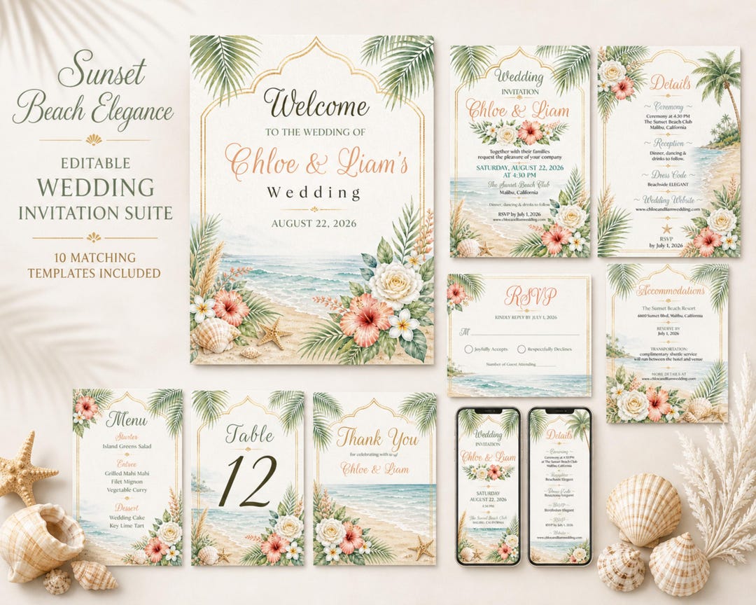 Editable Beach Wedding Invitation Suite Canva Template, Sunset Beach ...