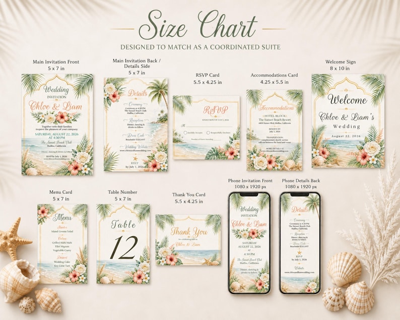 Editable Beach Wedding Invitation Suite Canva Template, Sunset Beach ...