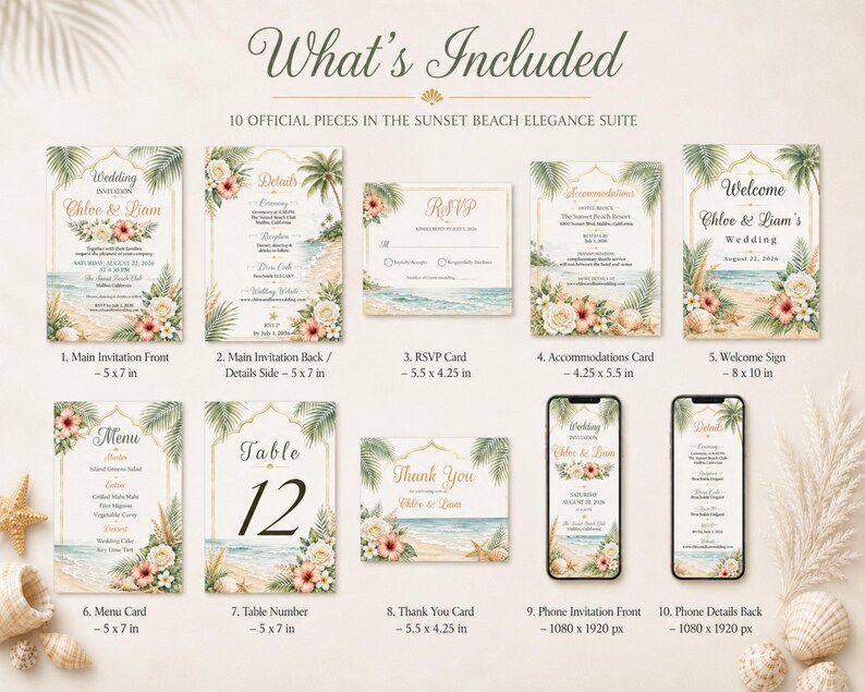 Editable Beach Wedding Invitation Suite Canva Template, Sunset Beach ...