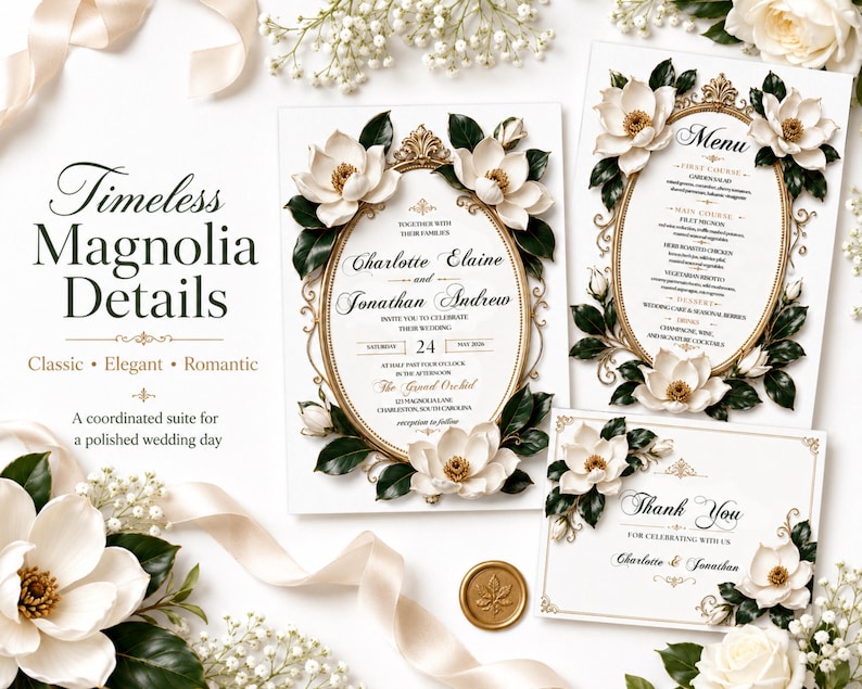 Editable Magnolia Wedding Invitation Suite, Ivory Floral Canva Wedding ...