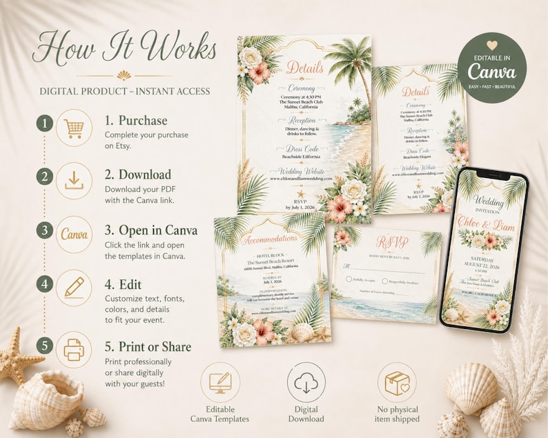 Editable Beach Wedding Invitation Suite Canva Template, Sunset Beach ...