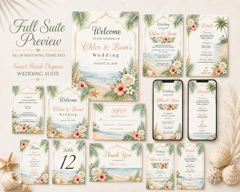 Editable Beach Wedding Invitation Suite Canva Template, Sunset Beach ...