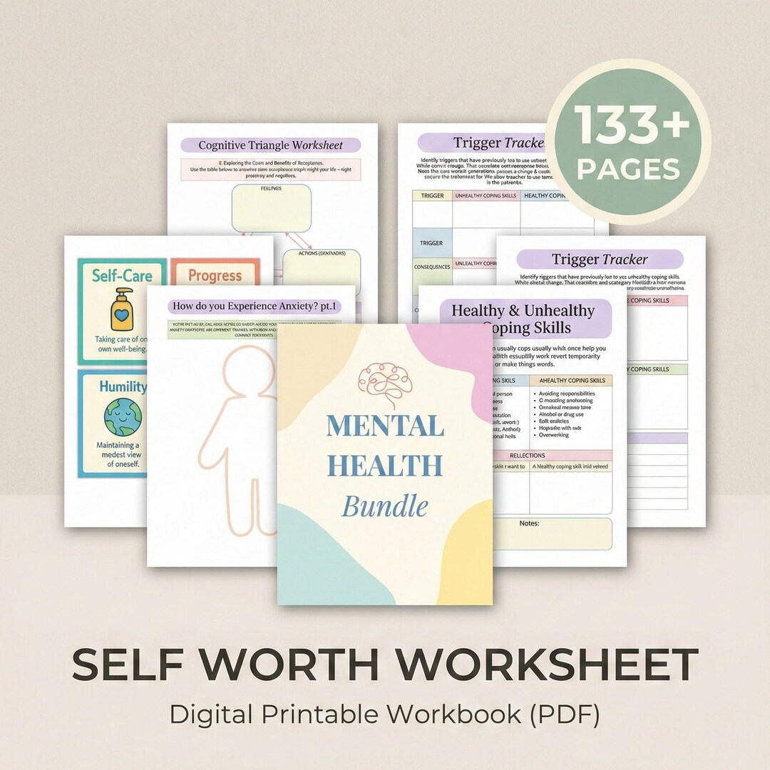Self Worth Worksheet Bundle, CBT Cards, Therapy Tools, Mental Health ...