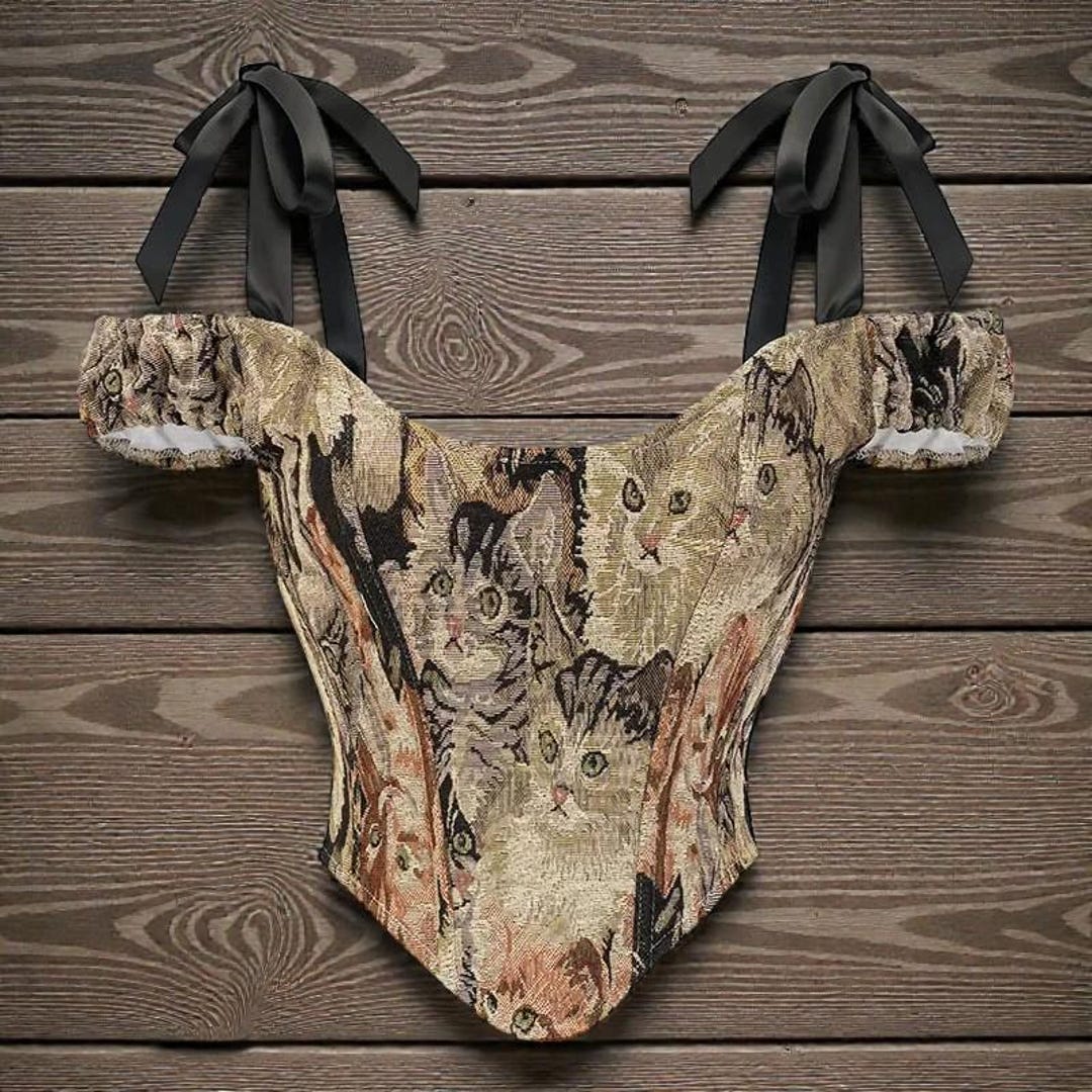 Cat Tapestry Corset Top | Cute Kitten Woven Bustier With Ribbon Ties ...