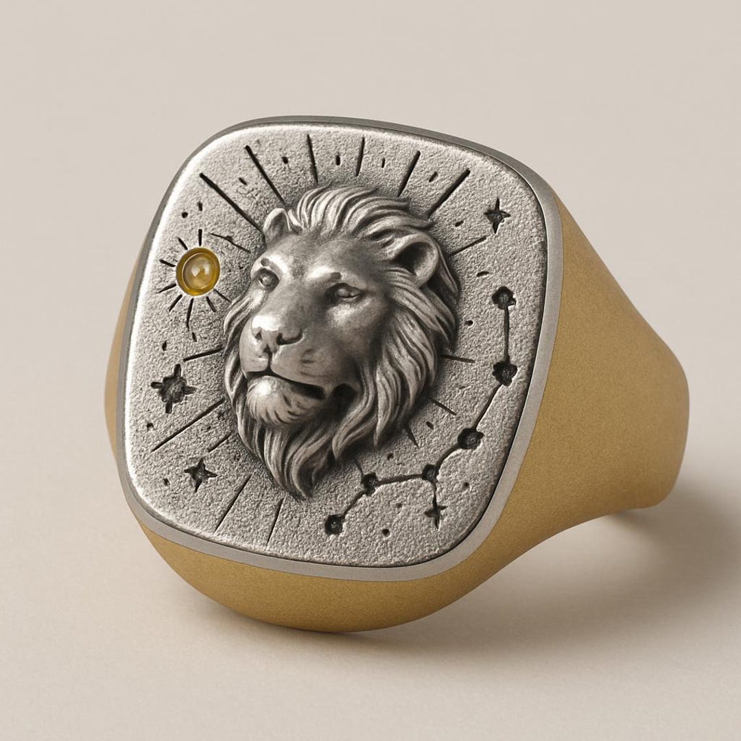 Leo Zodiac Signet Ring in Gold & Sterling Silver | Lion Head Celestial ...