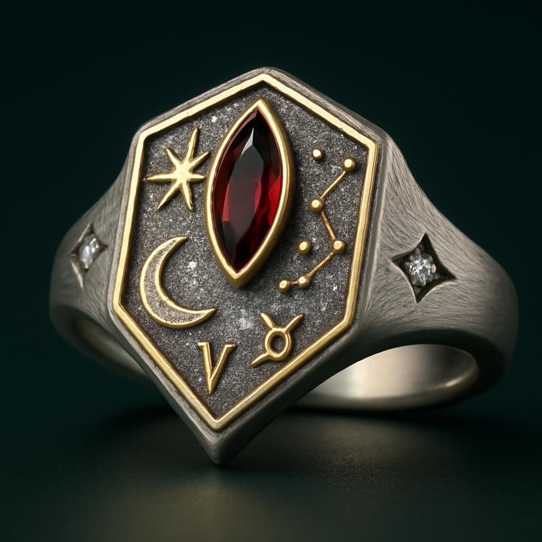 Celestial Garnet Signet Ring | Sterling Silver, Gold, Diamond - Etsy