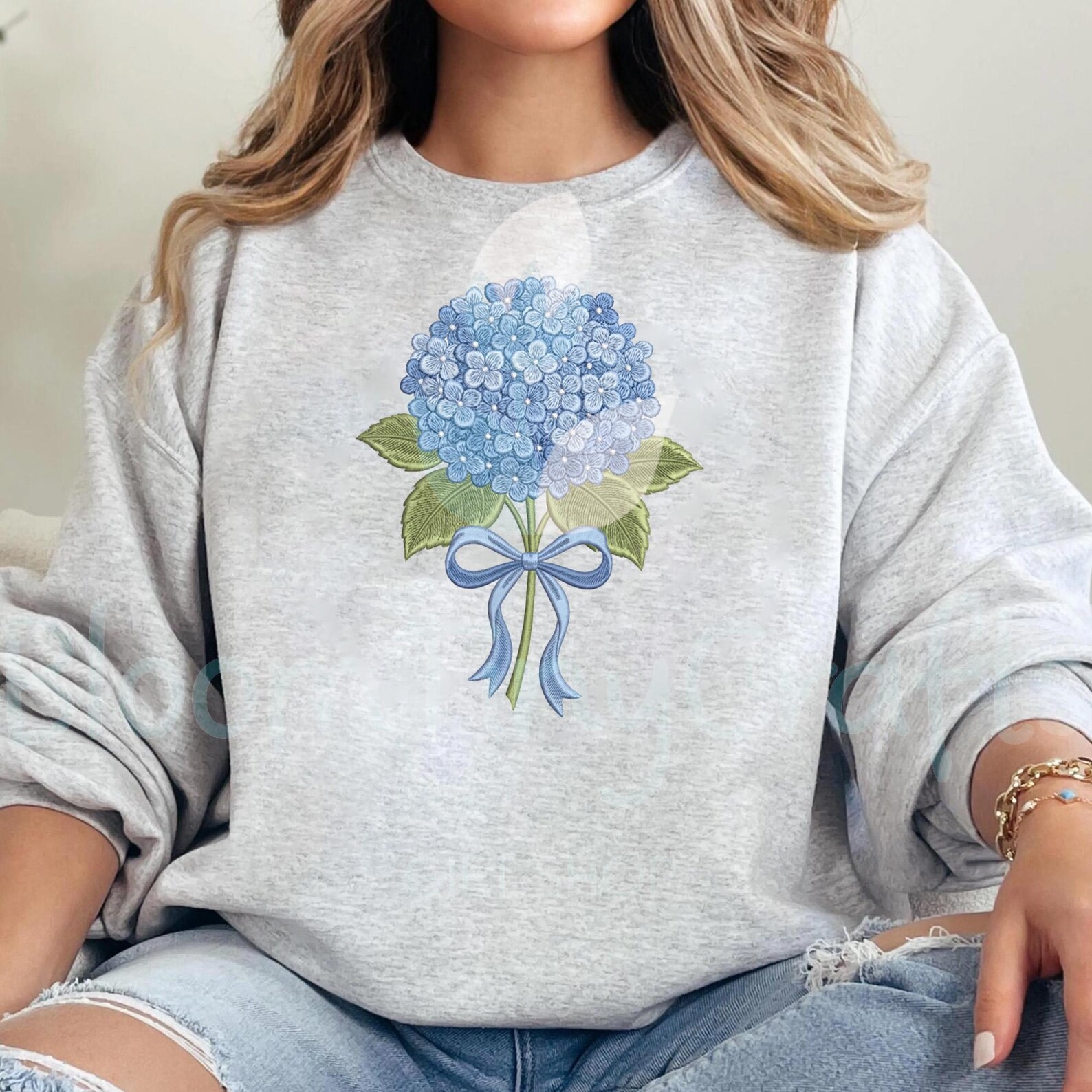 Blue Hydrangea Embroidery, Coastal Grandmother Design, Preppy Blue Bow ...