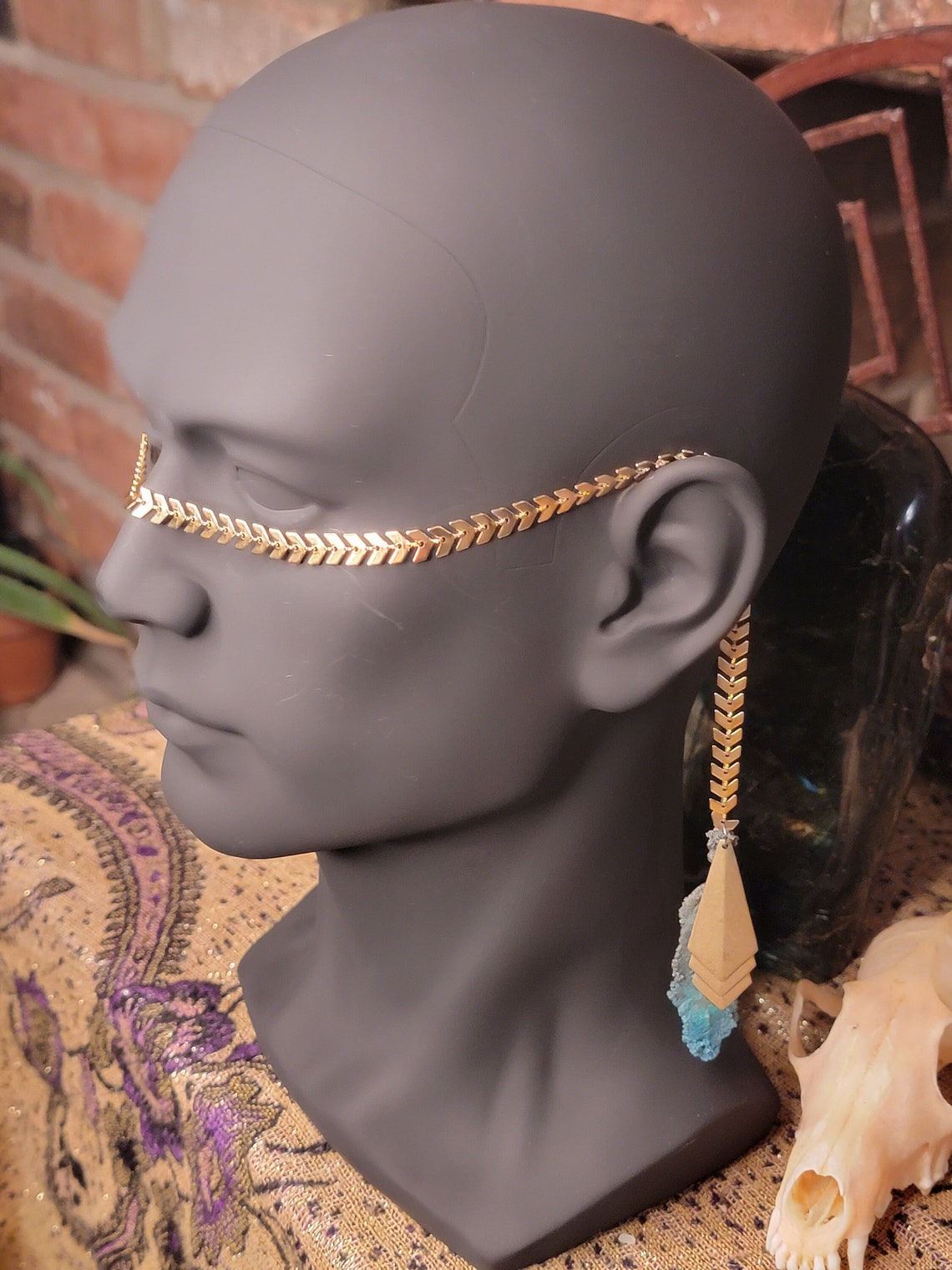 Handcrafted Golden Face Chain With Copper Blue Patina Feather: Witchy ...