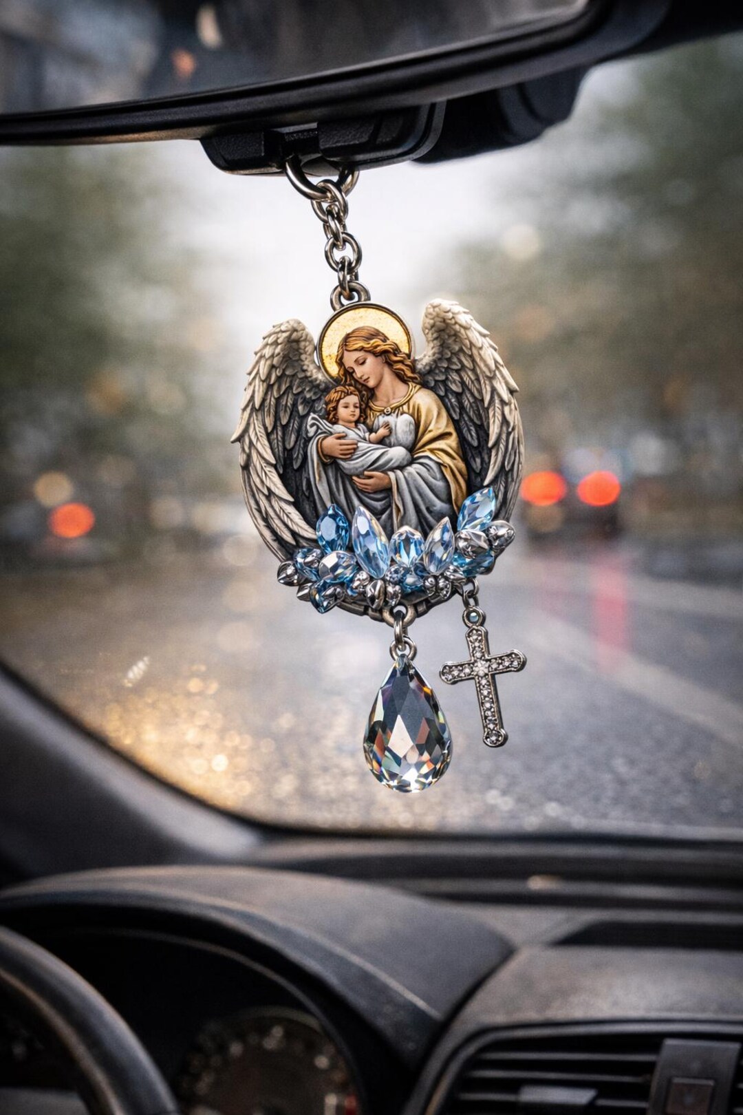 Guardian Angel Car Charm With Crystal Cross, Religious Car Hanging ...