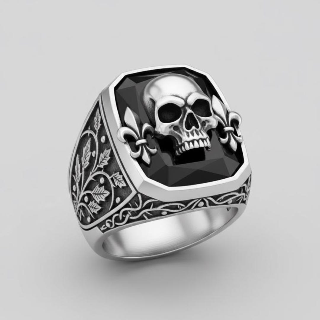 Gothic Skull Signet Ring Sterling Silver With Black Onyx Inlay & Fleur ...