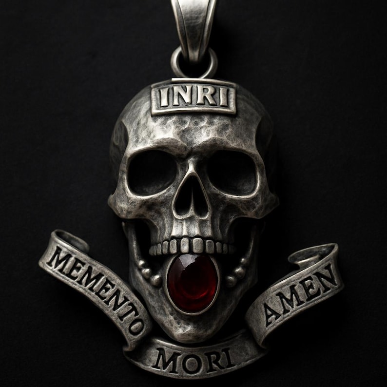 Sterling Silver Skull Memento Mori Necklace With Red Stone Gothic Latin ...