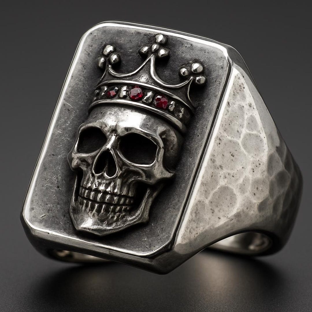 Sterling Silver Skull Crown Signet Ring, 925 Hammered Gothic Biker Ring ...