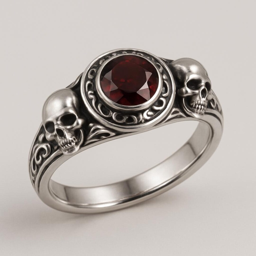 Skull Ring With Red Stone, Silver Gothic Band, Oval Bezel Statement ...