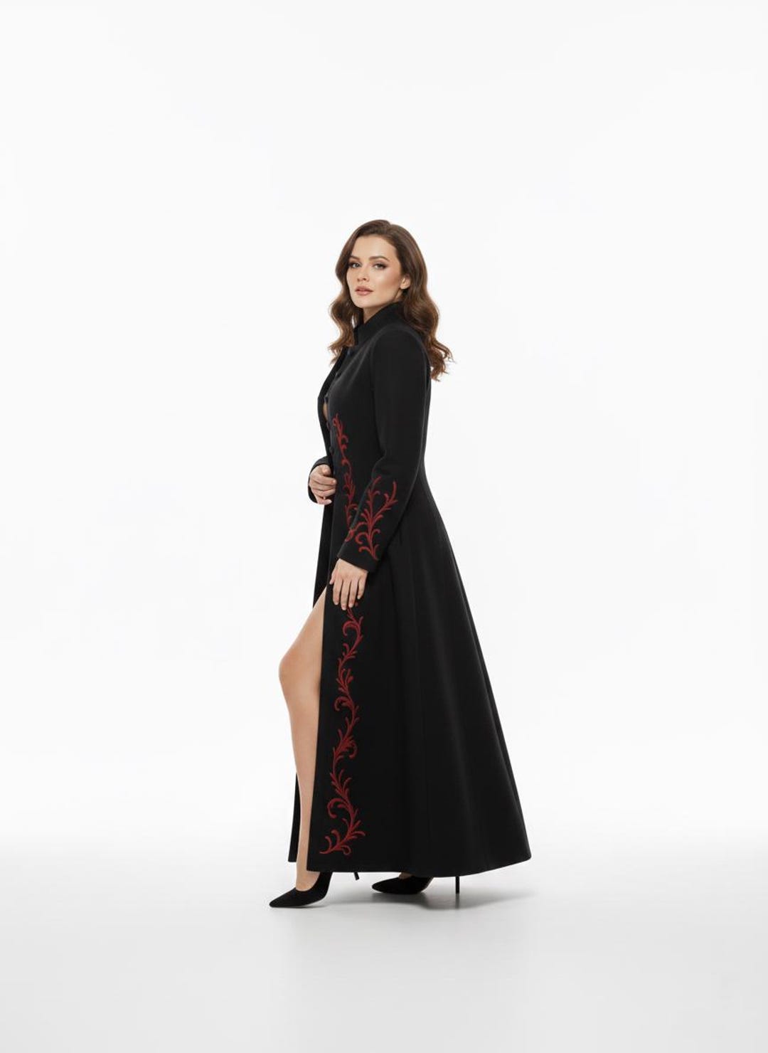 Hand-embroidered Maxi Coat - Black Evening Duster With Red Floral ...