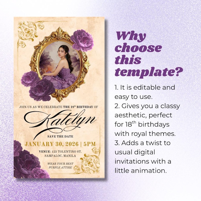 Debutante Birthday Invitation Canva Template – Purple Classy Editable ...