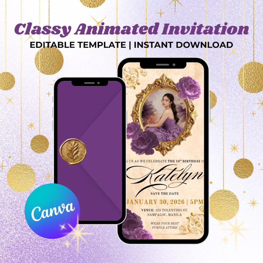 Debutante Birthday Invitation Canva Template – Purple Classy Editable ...