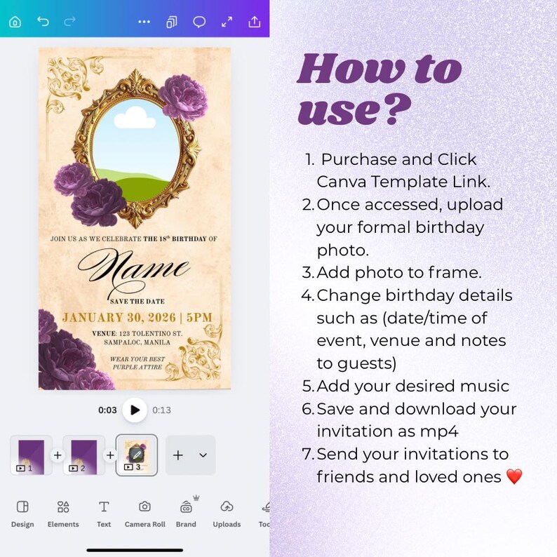 Debutante Birthday Invitation Canva Template – Purple Classy Editable ...