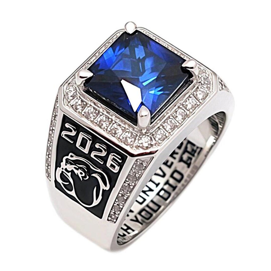 Personalized Sterling Silver Class Ring, Square Blue Stone, Graduation ...