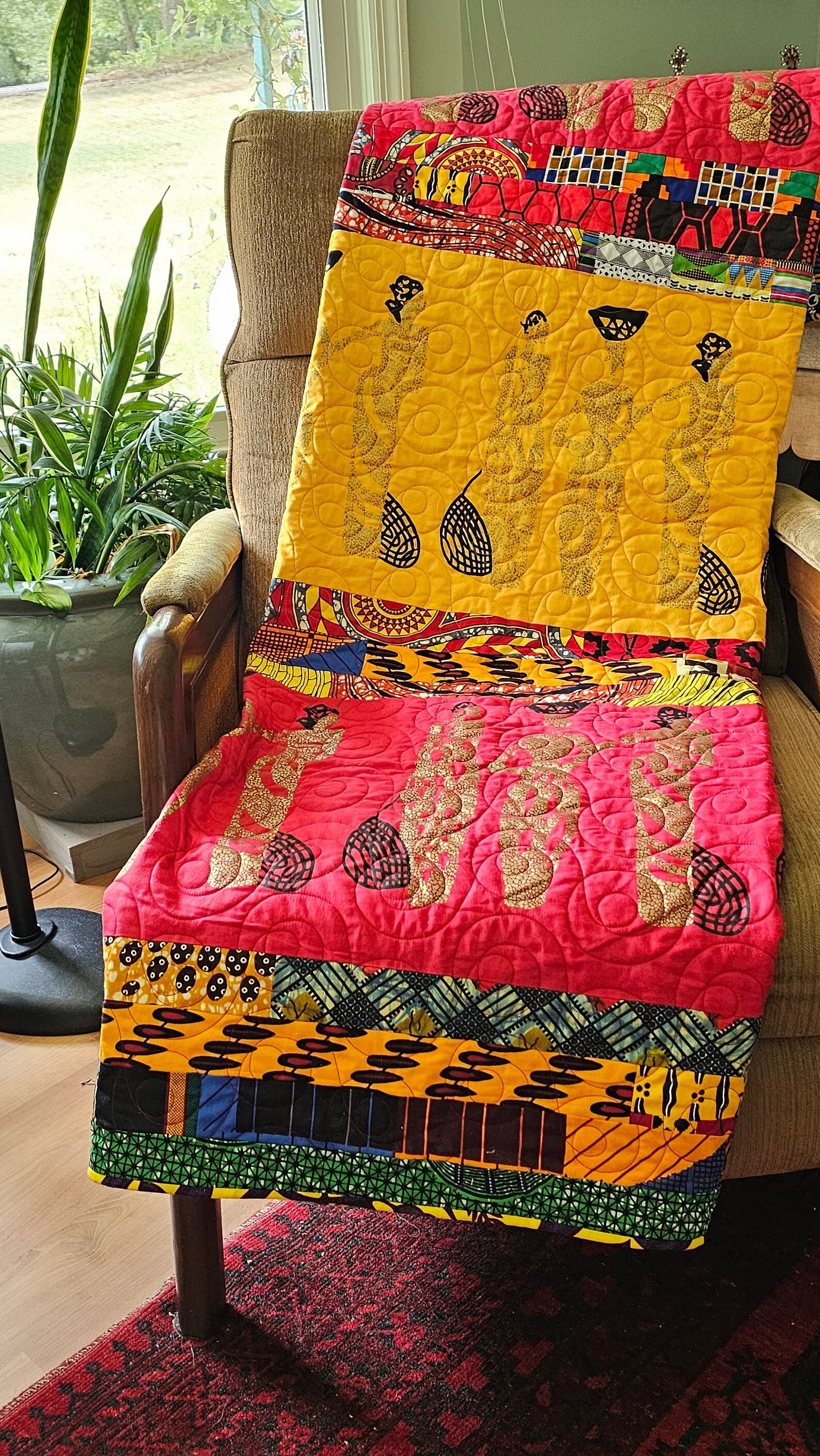 African Handprint Crimson and Saffron Large Throw Quilt With ...
