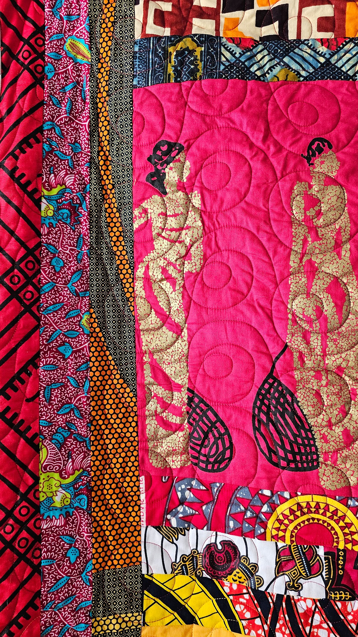 African Handprint Crimson and Saffron Large Throw Quilt With ...