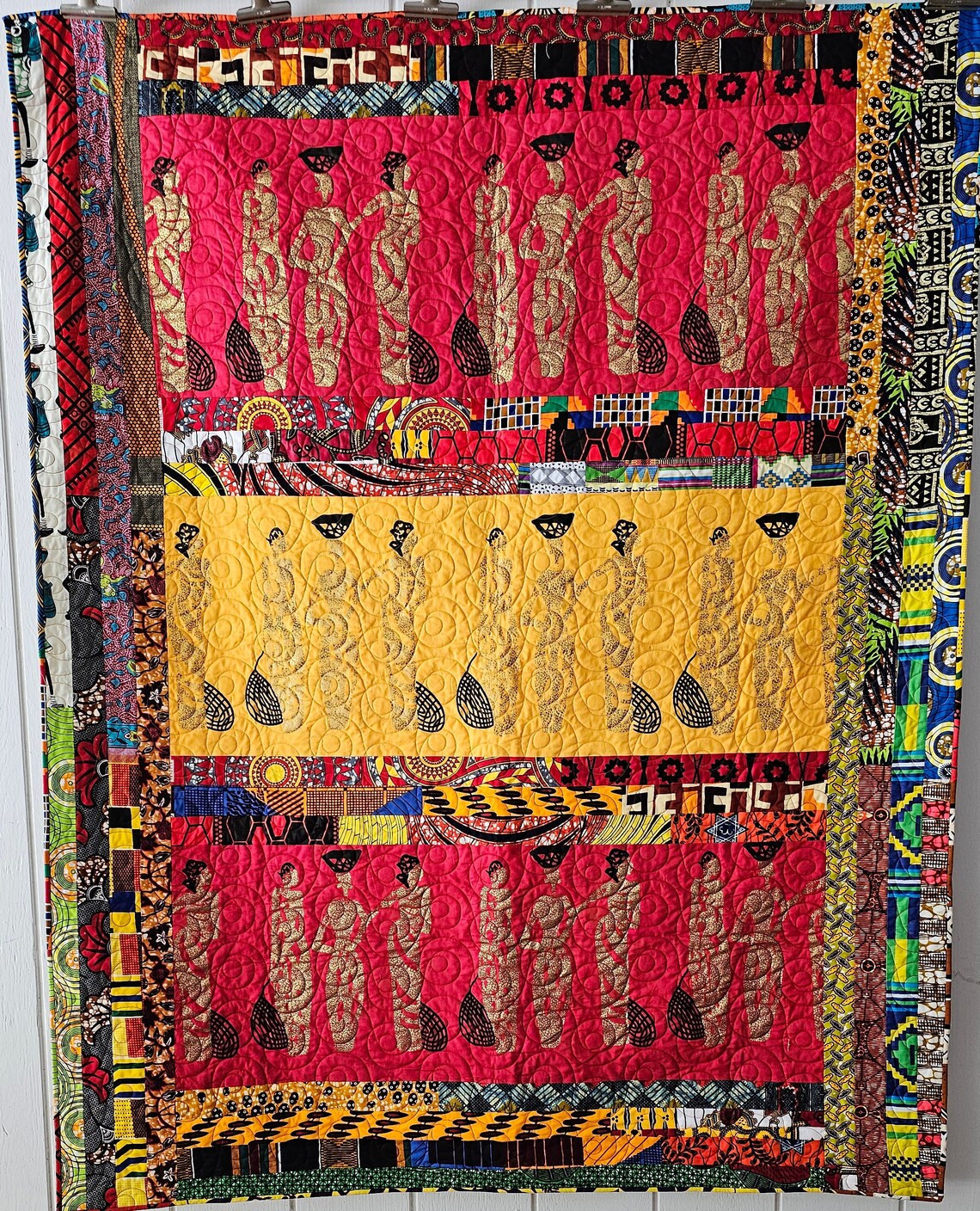 African Handprint Crimson and Saffron Large Throw Quilt With ...