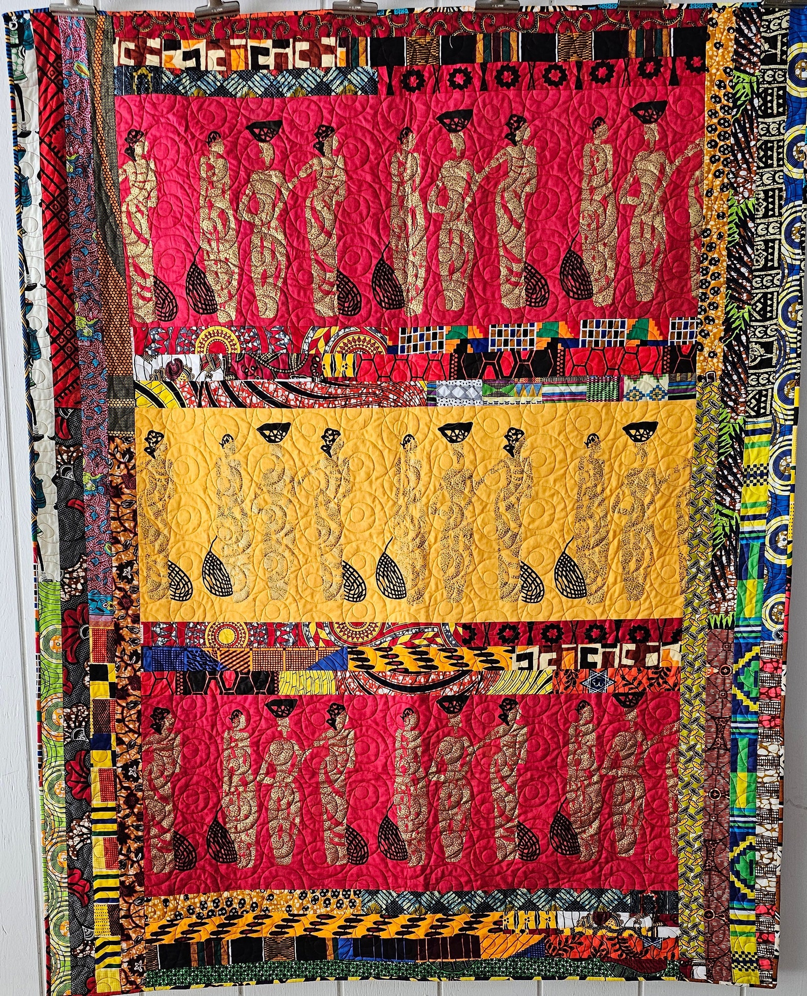 African Handprint Crimson and Saffron Large Throw Quilt With ...
