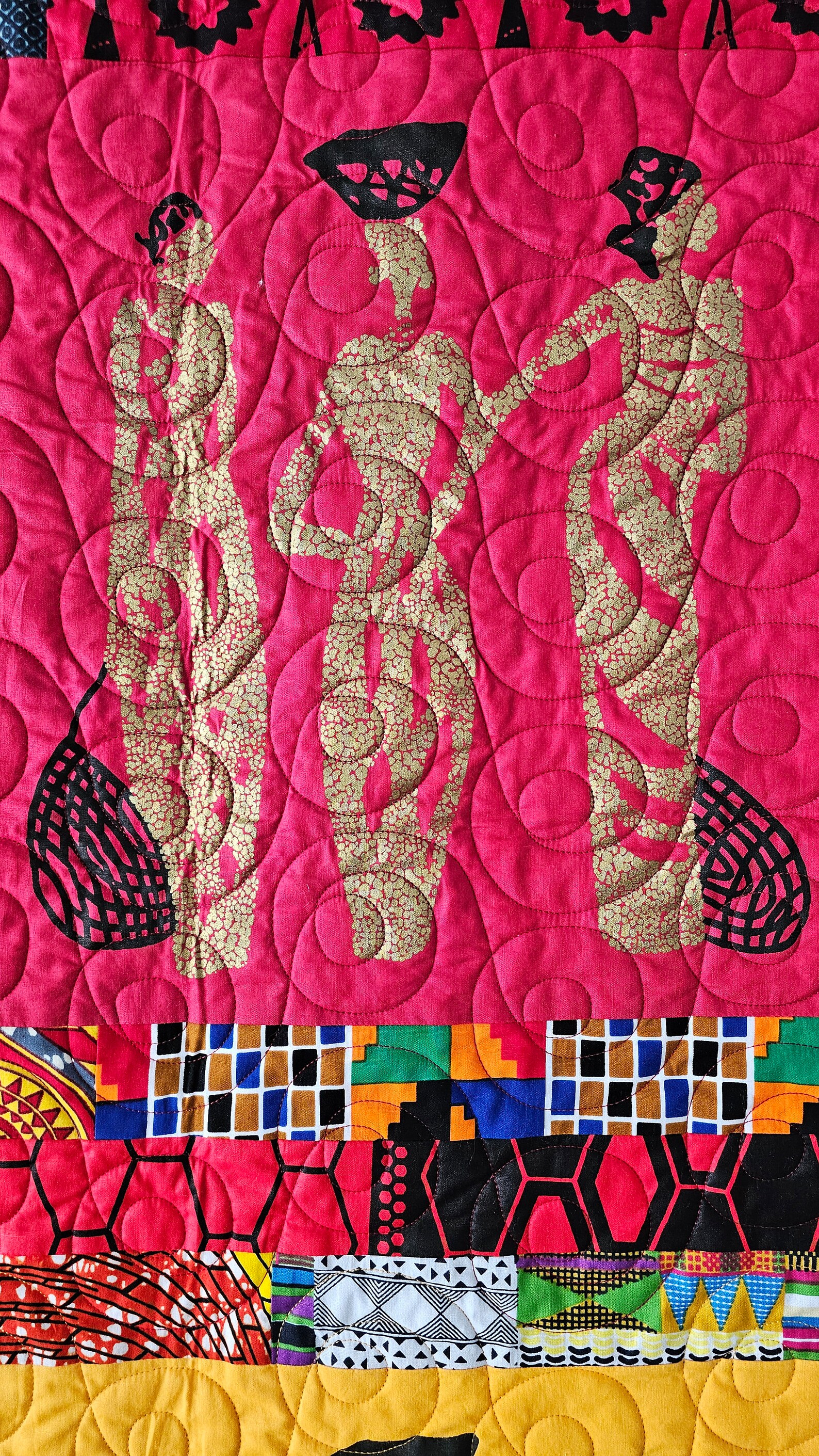 African Handprint Crimson and Saffron Large Throw Quilt With ...