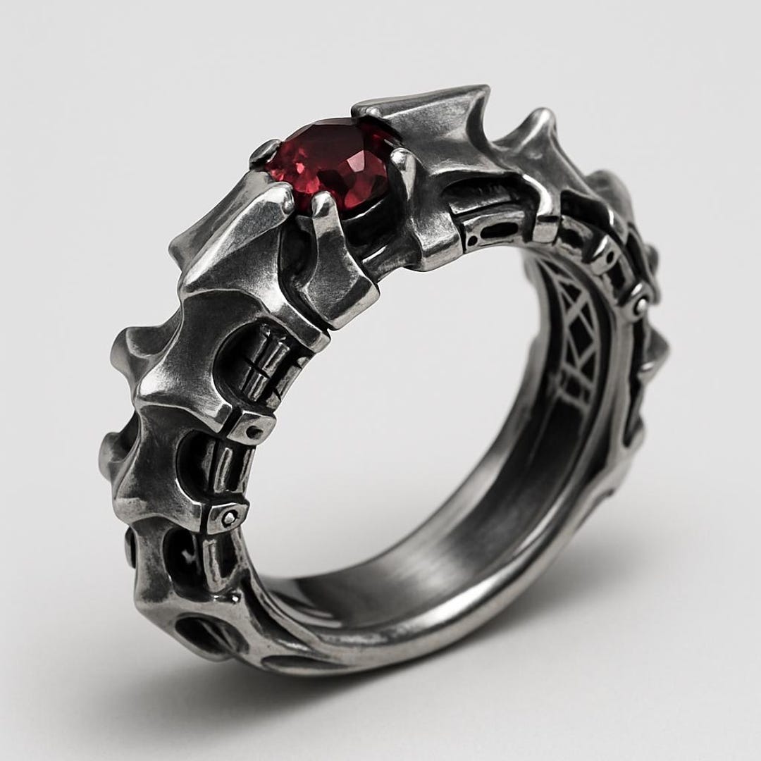 Gothic Spine Vertebrae Ring, Ruby Red Sterling Silver Cyberpunk Band ...