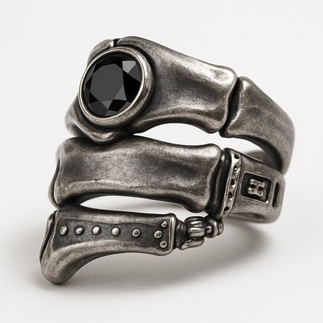 Gothic Bone Ring Sterling Silver With Black Stone | Cyberpunk Knuckle ...