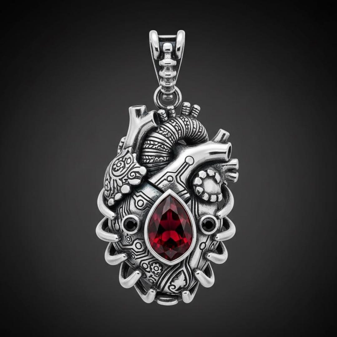 Gothic Anatomical Heart Pendant, Red Garnet Cyberpunk Mechanical 925 ...