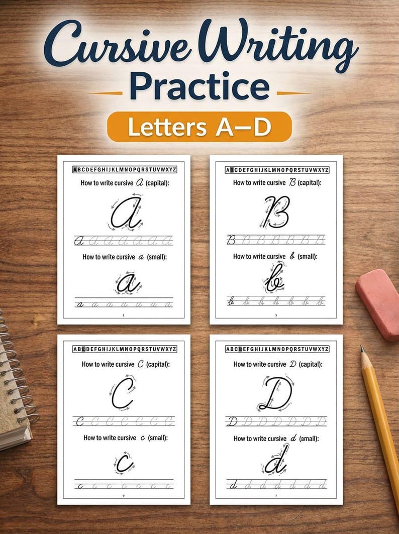 Cursive Writing Practice-mini Pack Letters: A, B, C, D - Etsy