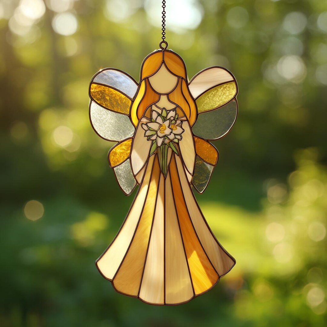 Angel Holding White Lilies Fairy Suncatcher, Stained Window Hanging ...
