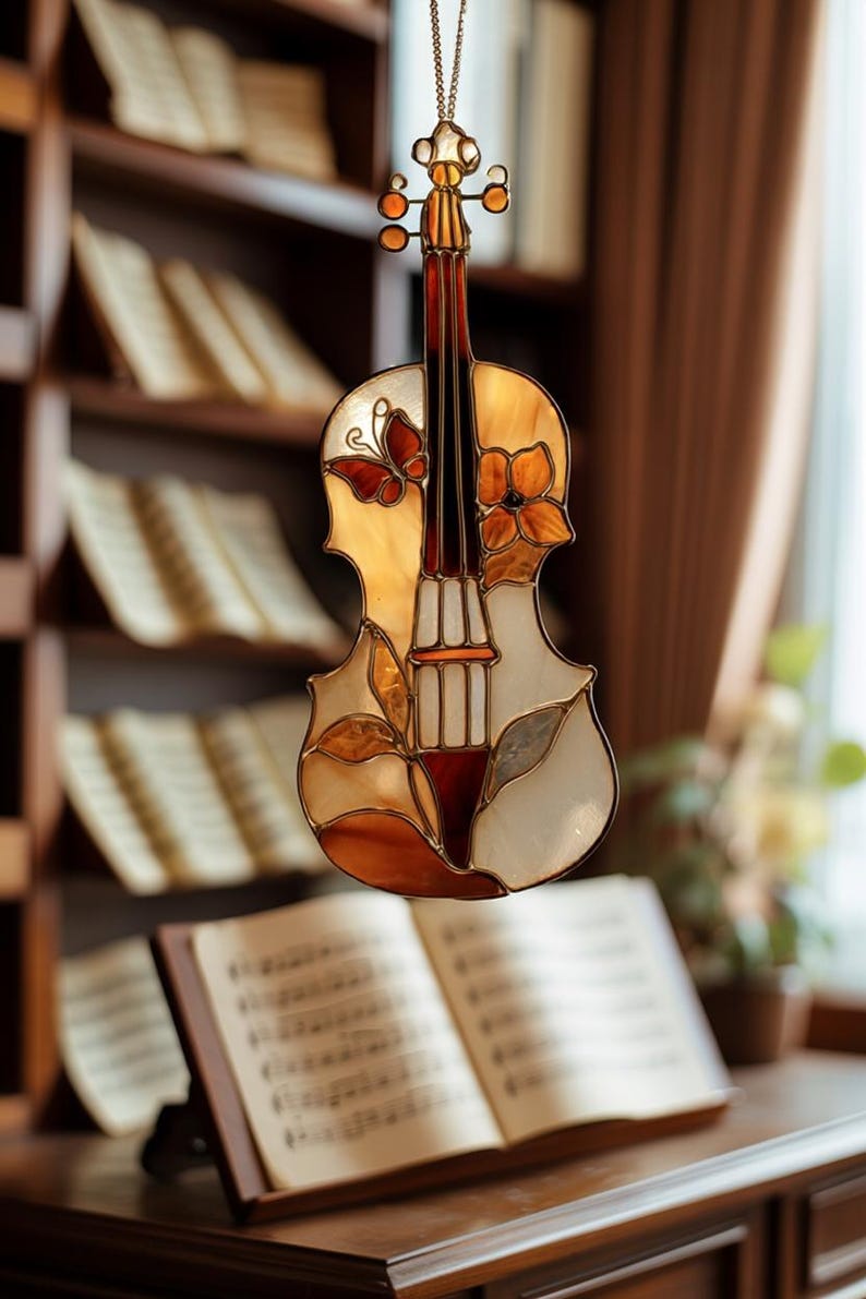 Stained Violin Suncatcher With Butterfly and Flower Design Music Room ...