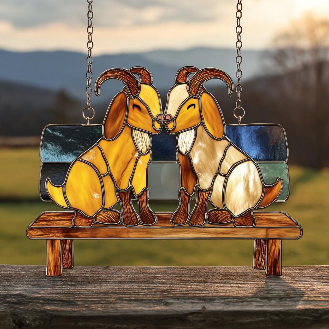 Cute Goat Couple Suncatcher Sitting on Bench Design Stained Style ...