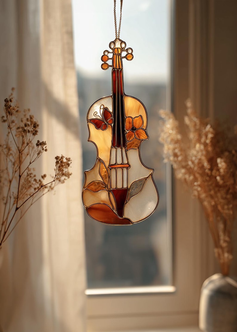 Stained Violin Suncatcher With Butterfly and Flower Design Music Room ...