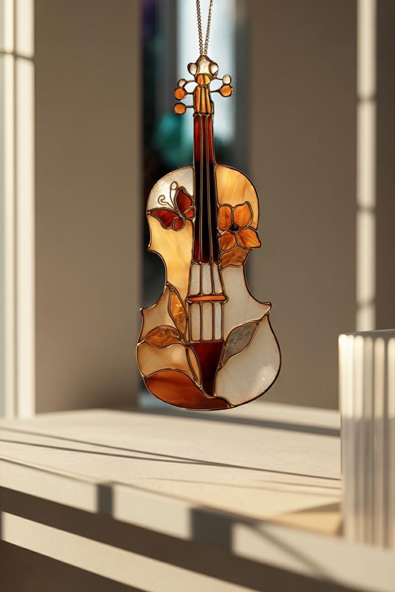 Stained Violin Suncatcher With Butterfly and Flower Design Music Room ...