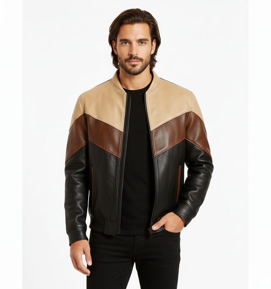 Men’s Color Block Leather Jacket – Brown, Tan & Black Genuine Leather ...