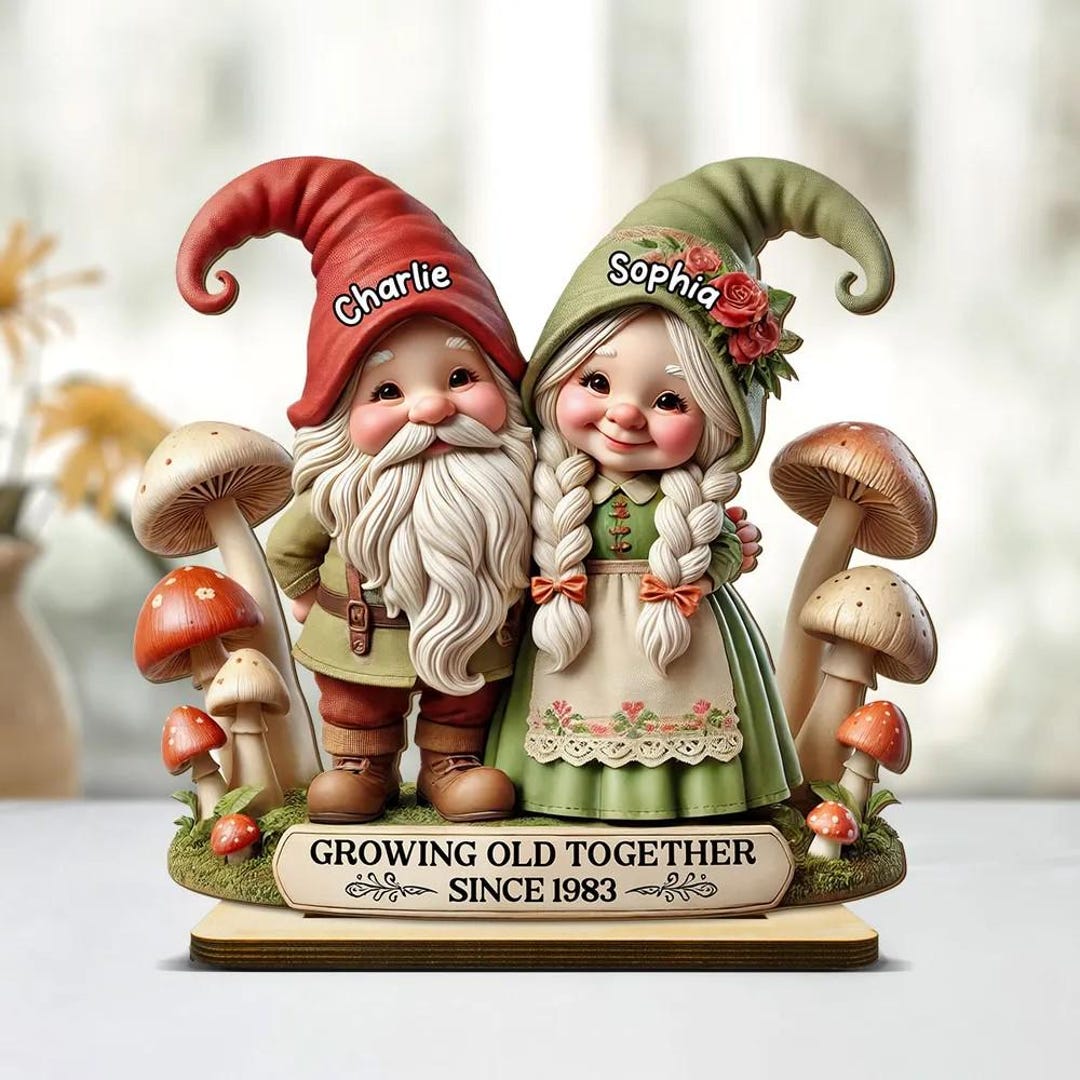 3D Effect Whimsical Gnome Couple Personalized Standing Wooden Plaque ...