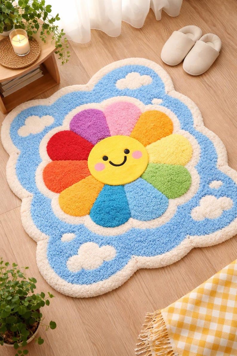 Smiley Flower Tufted Rug, Cute Cloud Shape Handmade Carpet, Colorful ...