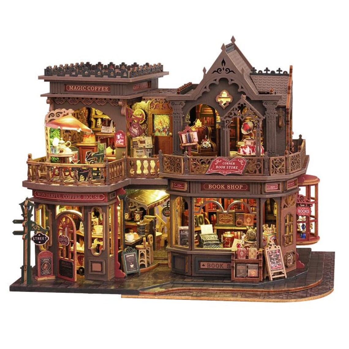 DIY Miniature Bookstore & Coffee House Dollhouse Kit With LED Lighted ...