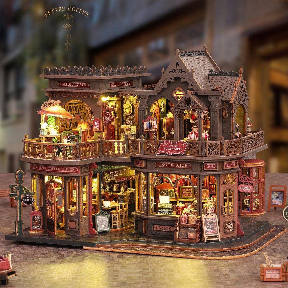 DIY Miniature Bookstore & Coffee House Dollhouse Kit With LED Lighted ...