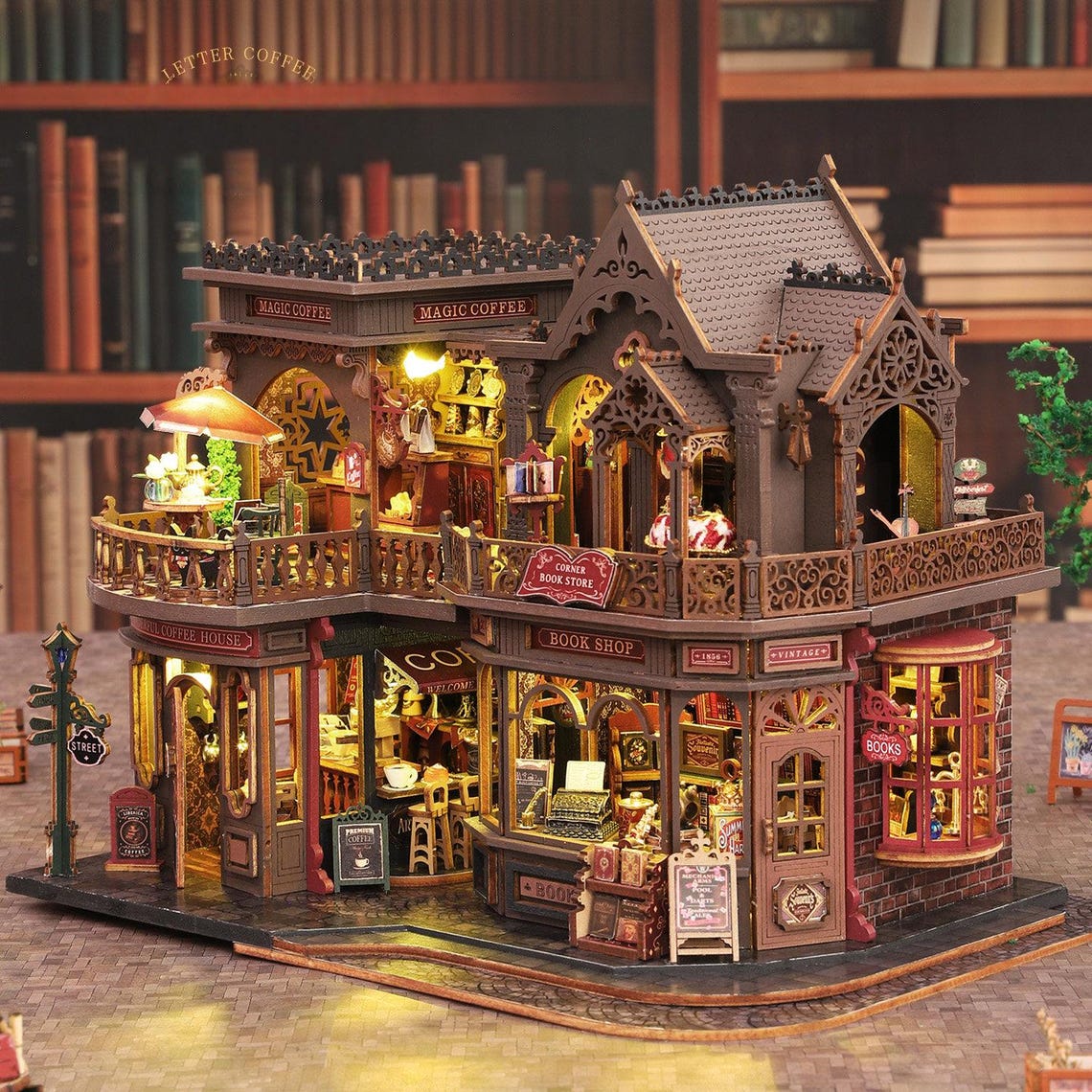 DIY Miniature Bookstore & Coffee House Dollhouse Kit With LED Lighted ...