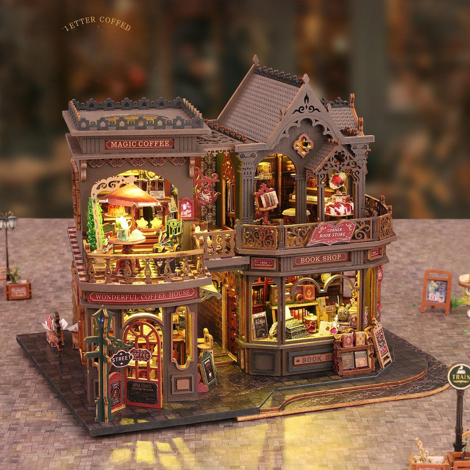 DIY Miniature Bookstore & Coffee House Dollhouse Kit With LED Lighted ...
